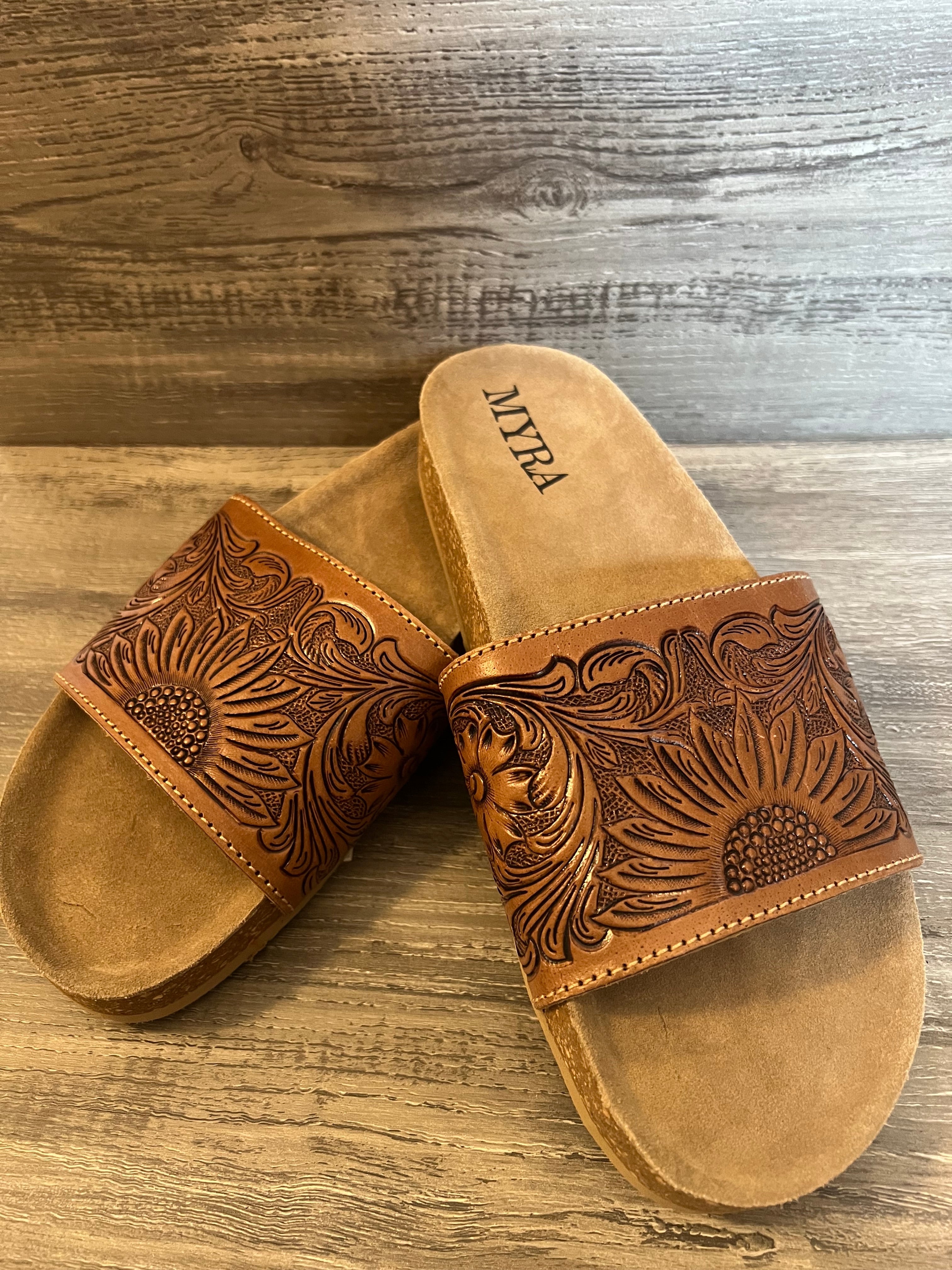 Sunflower Hand-Tooled Sandals – Rebel Ranch Boutique